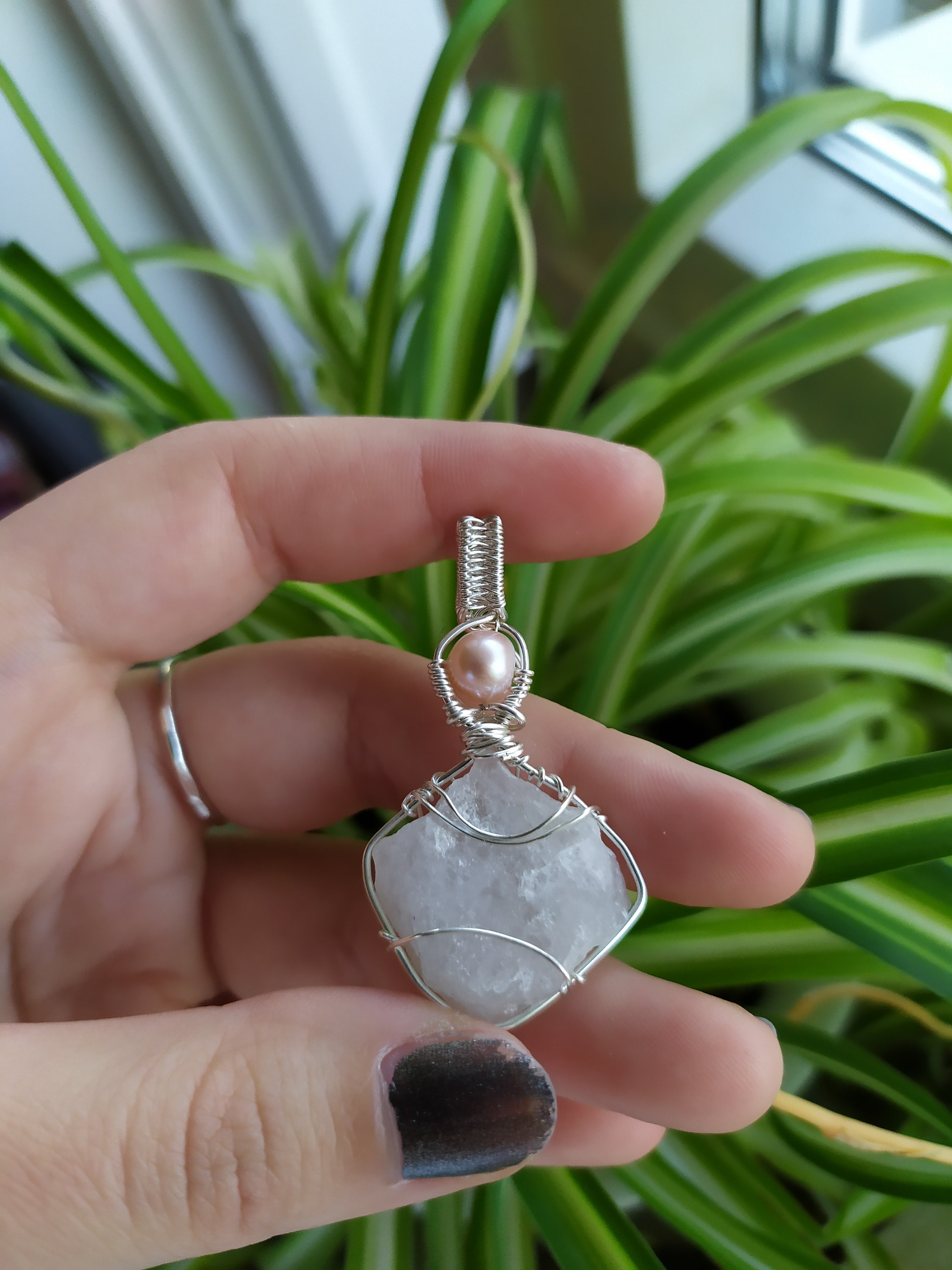 Wire Wrapped Snow Quartz And Pearl Pendant, Pearl & Stone Collection ...